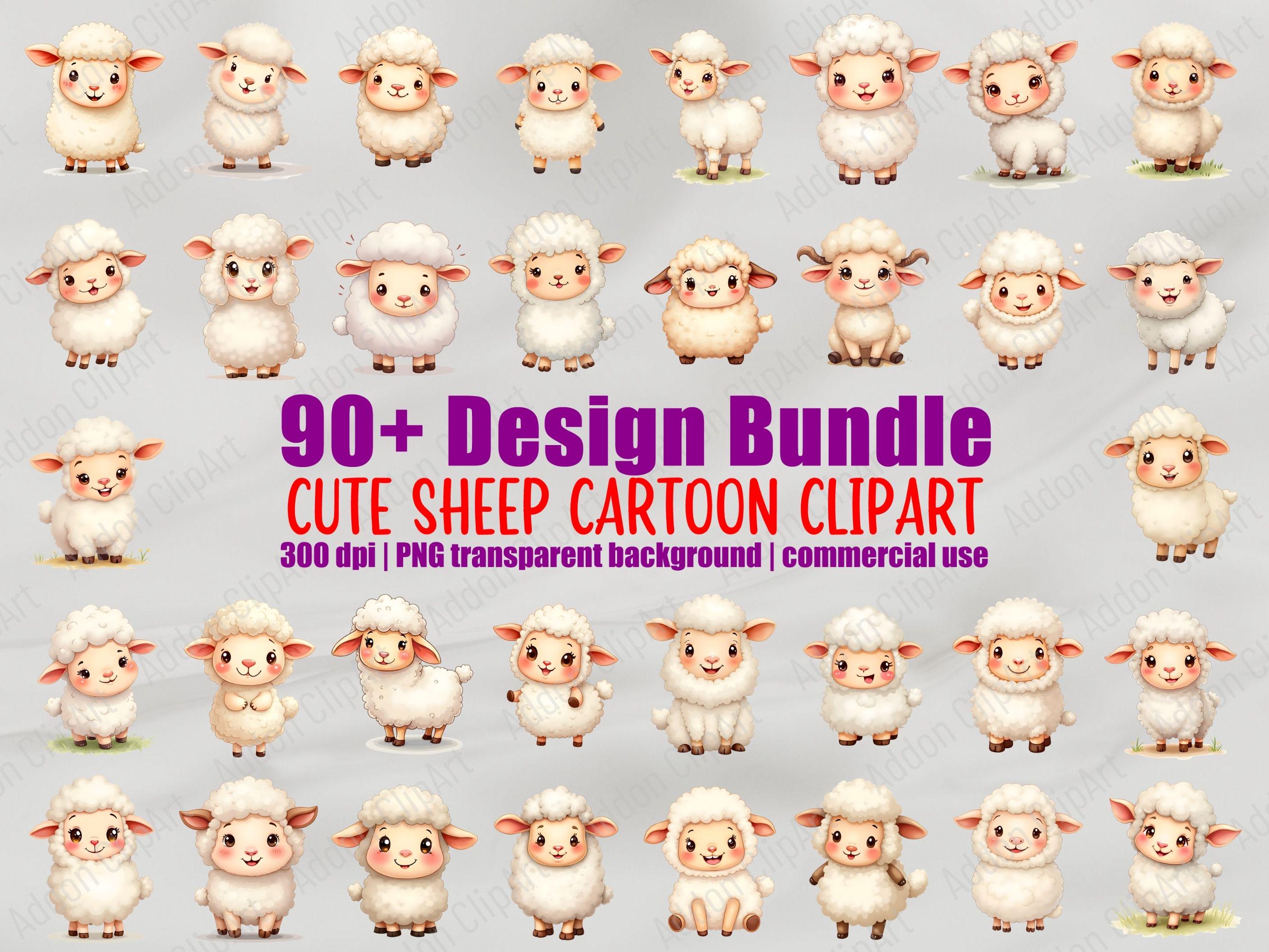 Cute Sheep Cartoon Clipart PNG Bundle Printable Nursery Pet Baby Animal ...