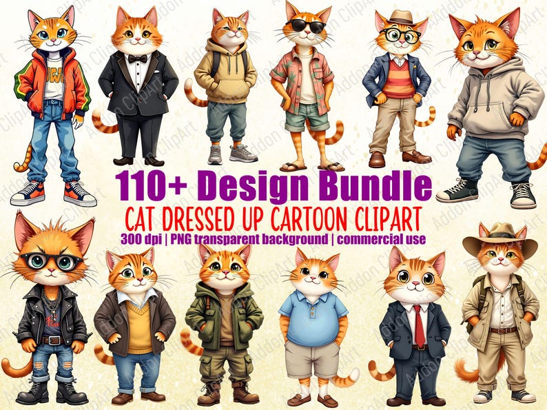 Cat Dressed up Clipart Watercolor Cartoon PNG Bundle Printable Nursery ...