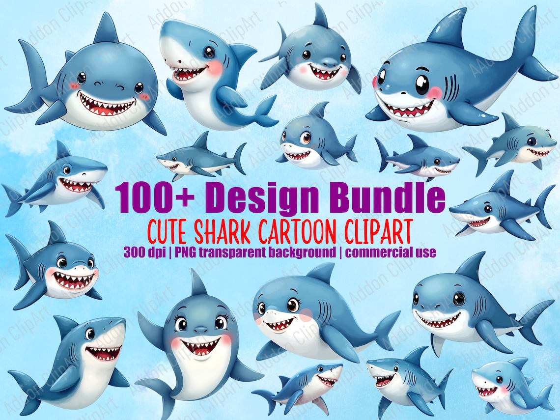 Cute Blue Shark Watercolor Clipart Illustration Cartoon PNG Bundle ...