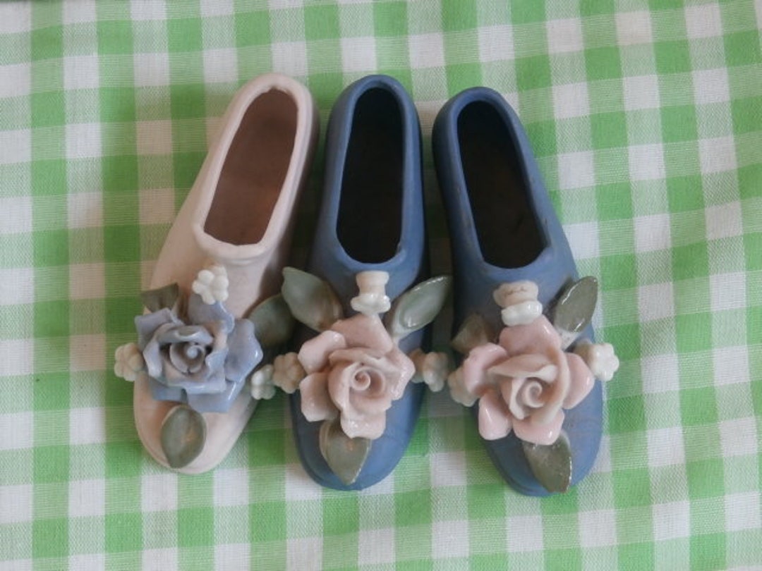 Vintage Miniature Bisque Shoe Figurines: Japan Floral Slippers, Set of ...