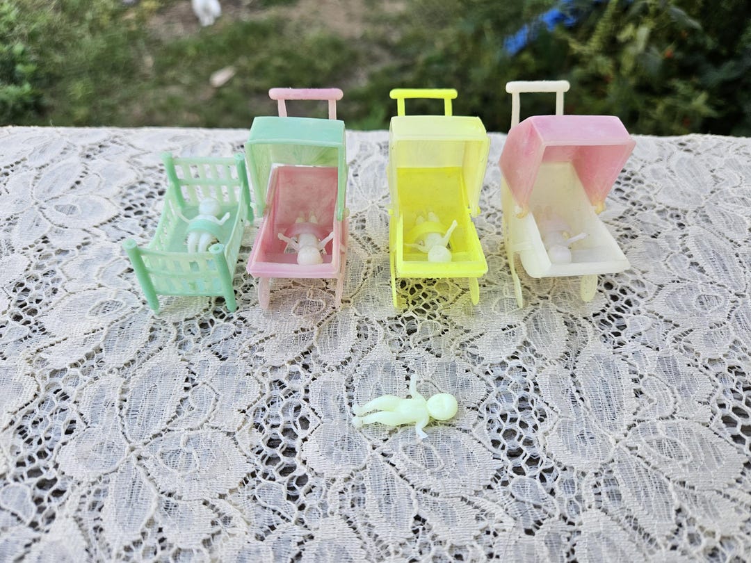 3 Baby Prams and Crib W Baby, Hong Kong Plastic Craft or Decorating ...