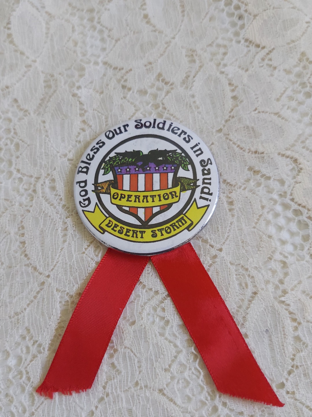 Vintage Desert Storm Bless Our Soldiers Button Pin With Ribbons - Etsy