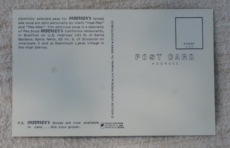 Vintage Postcard Pea Soup Andersen's Restaurants Colorful | Etsy