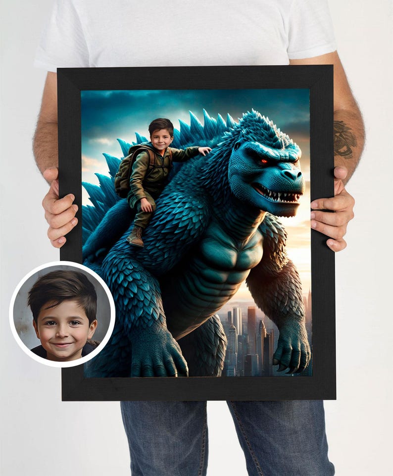 Personalized Kid Portrait: Godzilla King Kong Custom Wall Art - Etsy