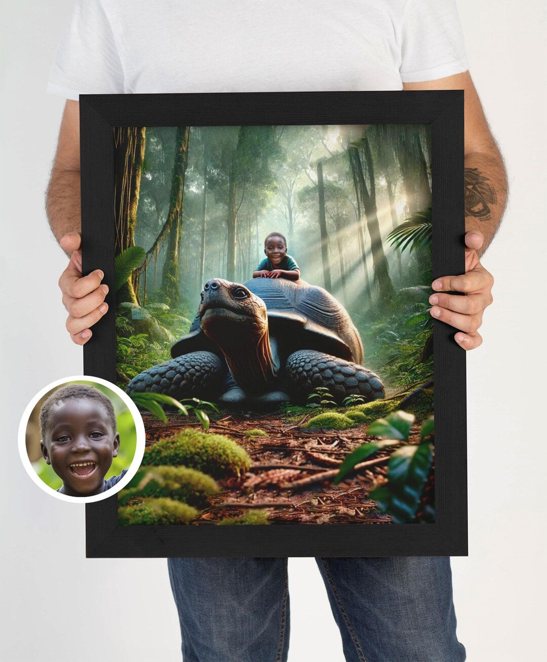 Toddler Riding Tortoise in Forest, Personalized Turtle Portrait, Custom ...