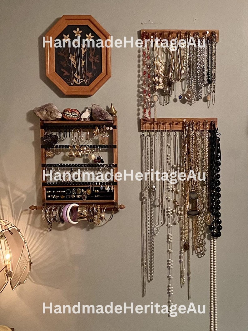 Set of 3 Wall Mounted Wood Jewelry Organizer | Hanging Jewelry ...