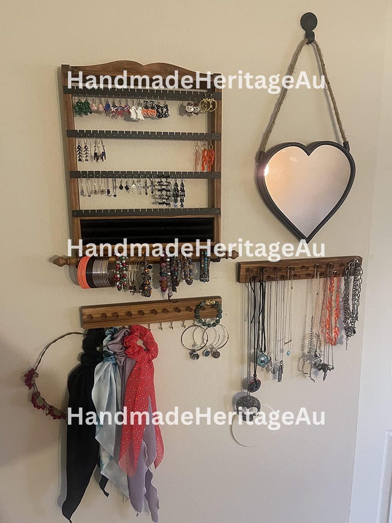 Set of 3 Wall Mounted Wood Jewelry Organizer | Hanging Jewelry ...