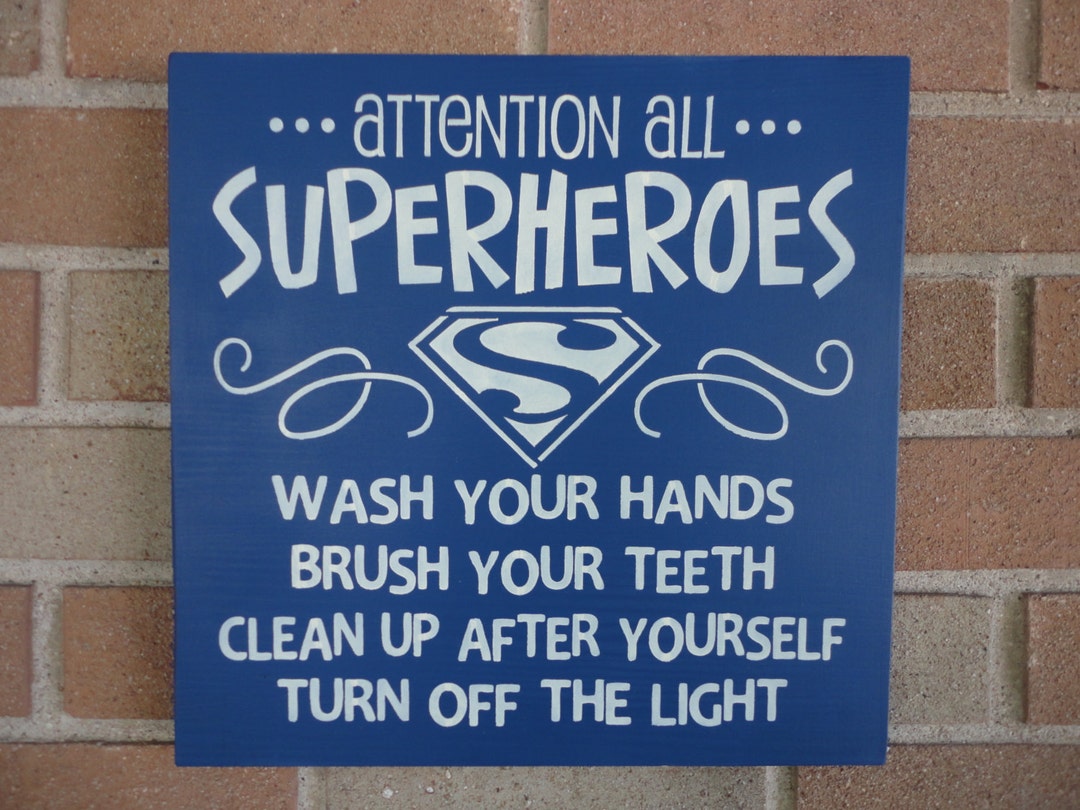 Hand Painted Superhero Bathroom Sign - Admiral Blue Wood (11.5" X 11.5 ...