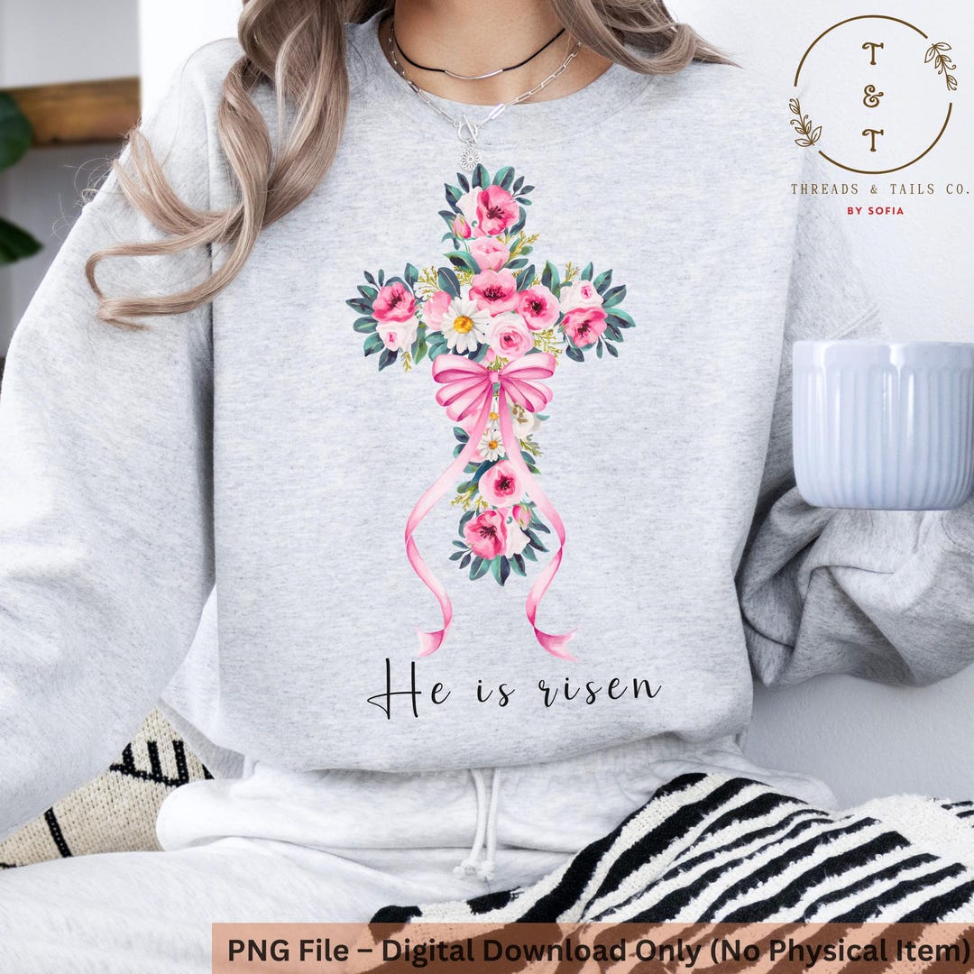 He is Risen PNG, Christian Easter Sublimation Design, Pink Ribbon Cross ...