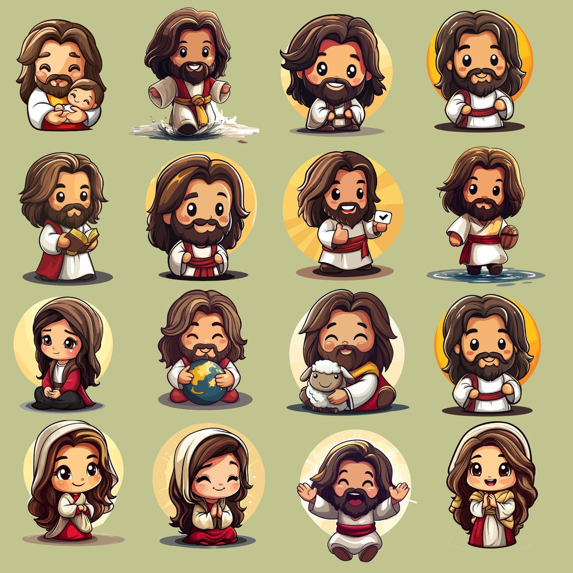 Jesus and Virgin Mary Clipart PNG | Chibi Cartoon Stickers for ...