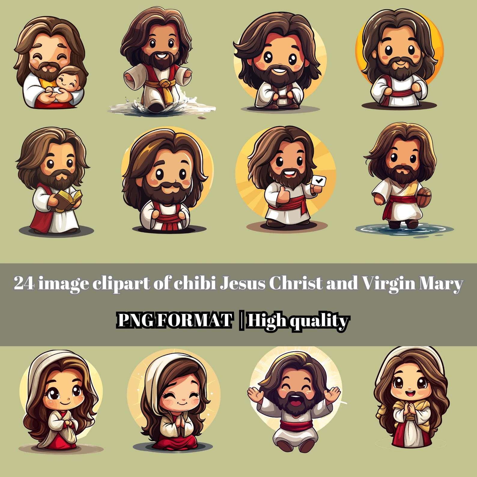 Jesus and Virgin Mary Clipart PNG | Chibi Cartoon Stickers for ...
