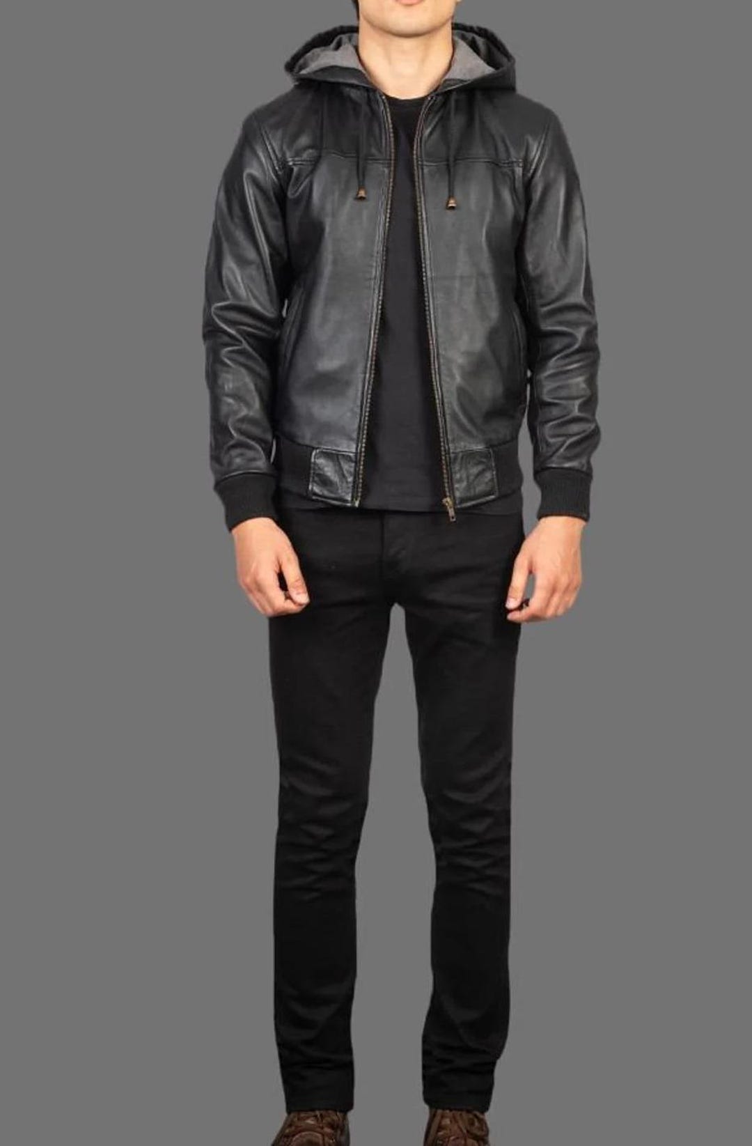 Full Black Men Hooded Style Leather Jacket, Mens Black Jacket With Hood ...