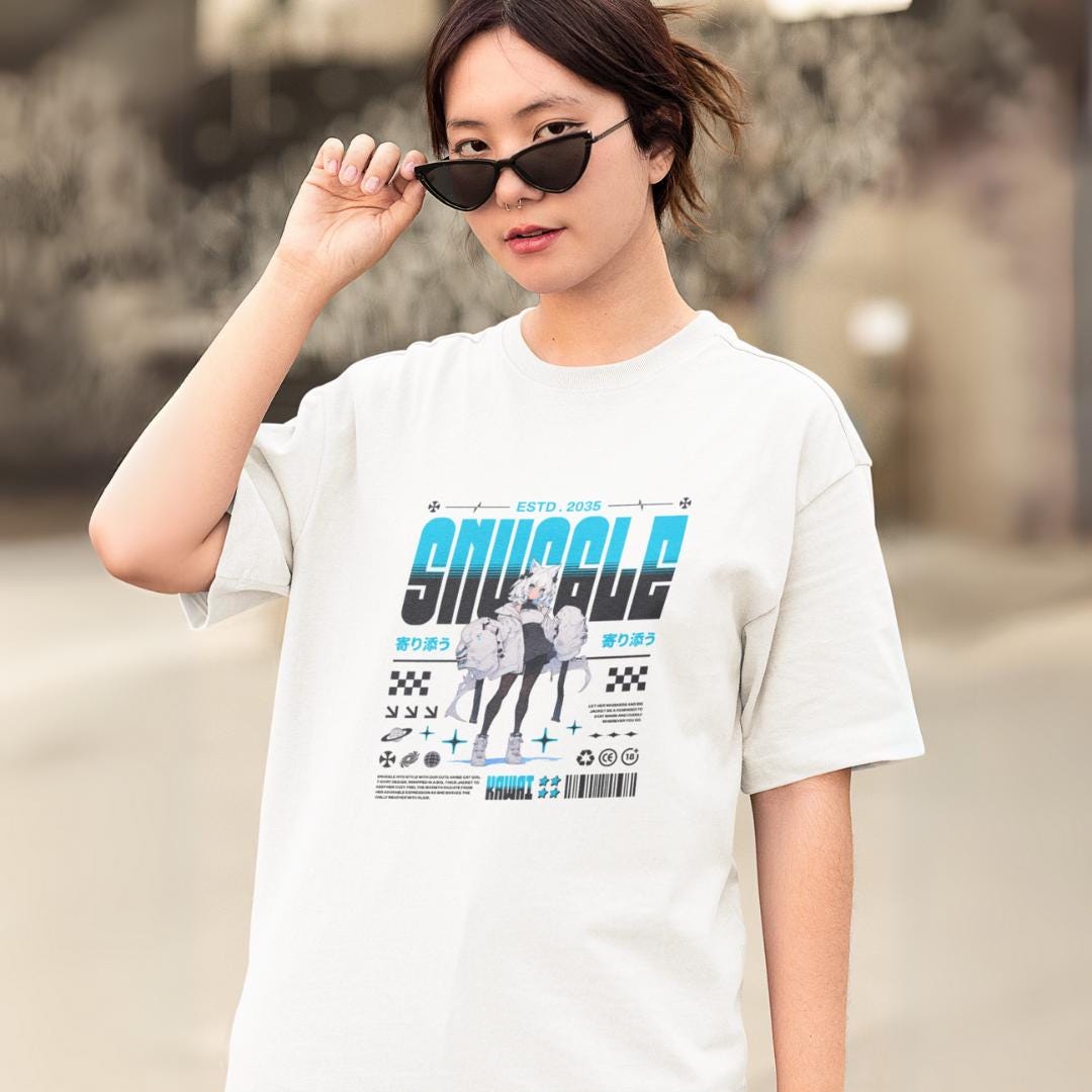 Snuggle Anime Streetwear T-shirt, Cyberpunk Catgirl Graphic Tee ...