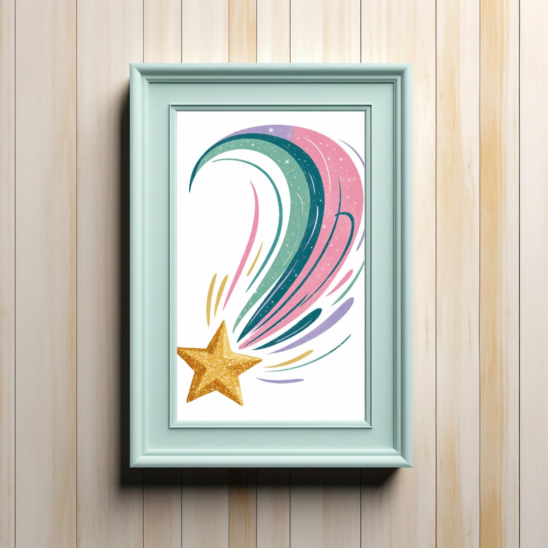 Whimsical Shooting Star Art - Vibrant Gold Star With Colorful Trail ...