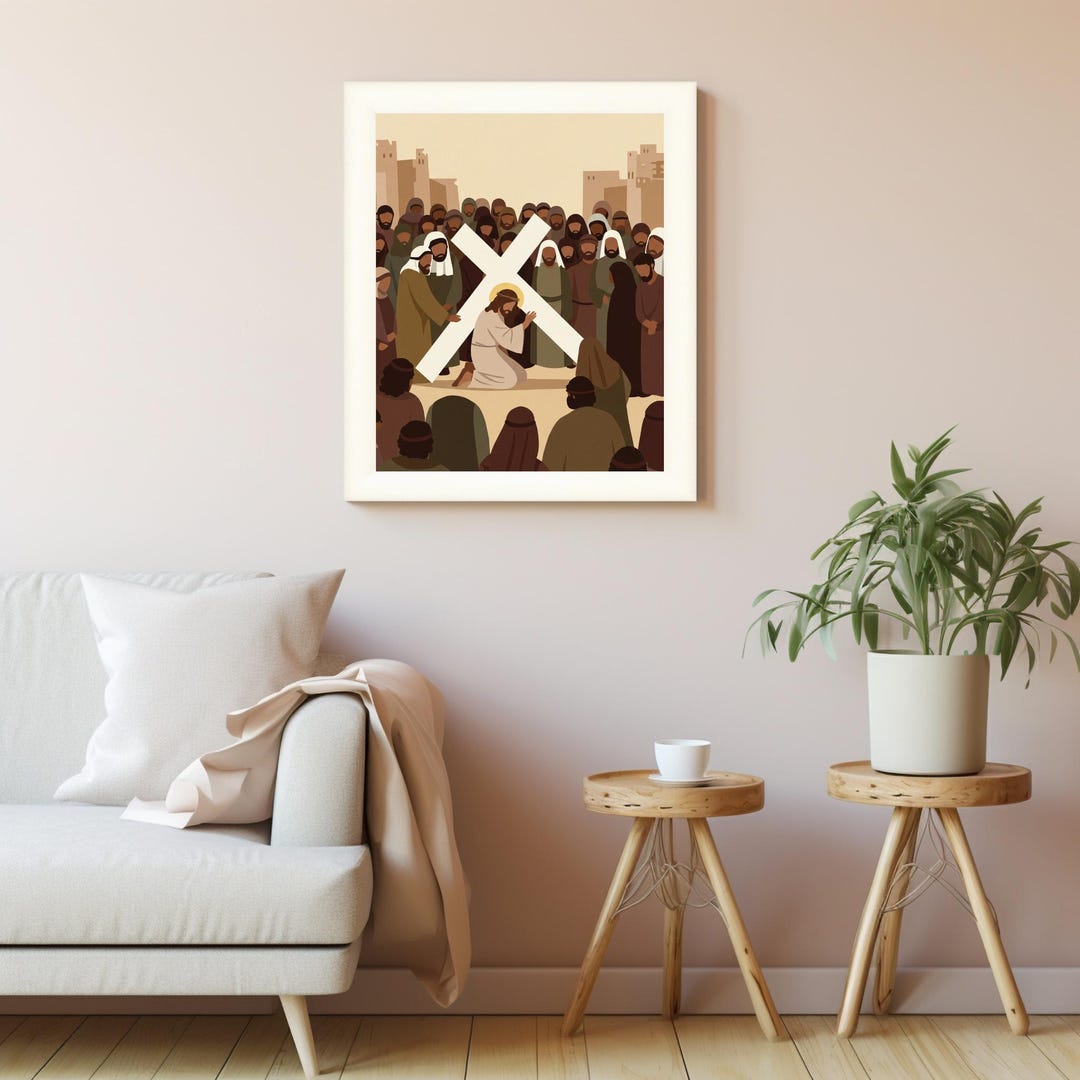 Jesus in Distress Kneeling With Cross - Digital Art of a Somber ...