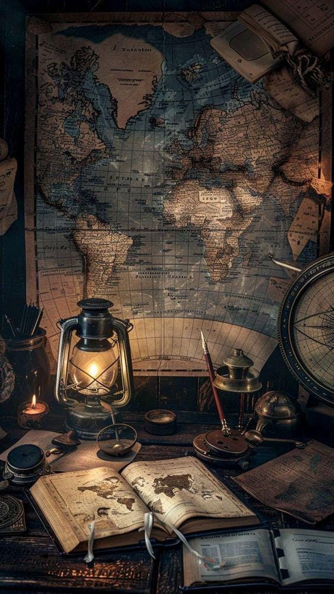 Vintage Explorers Desk Antique World Map & Lantern Printable Art - Etsy
