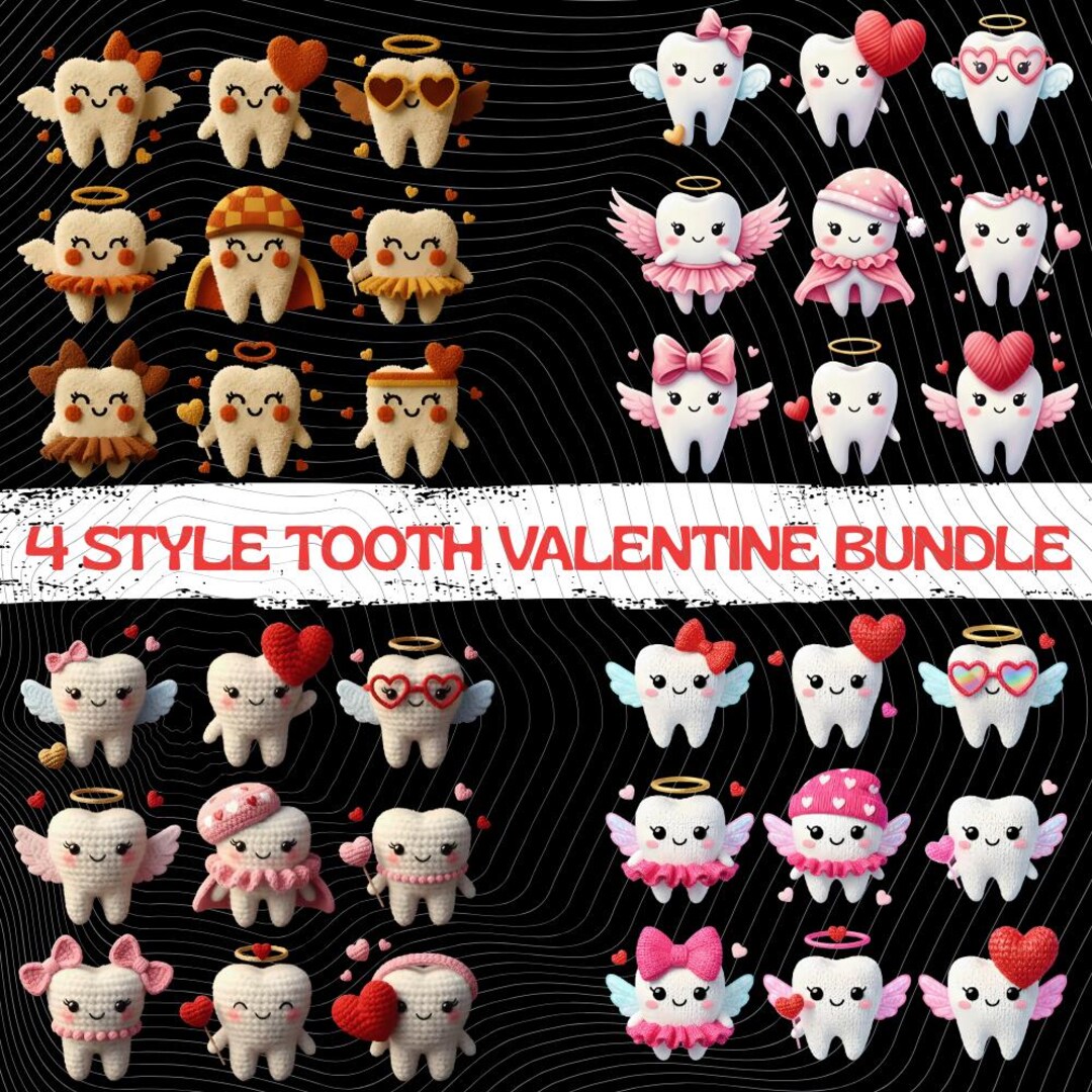 4 Style Tooth Valentine Bundle PNG: Crochet Stitch Watercolor 70s Retro ...