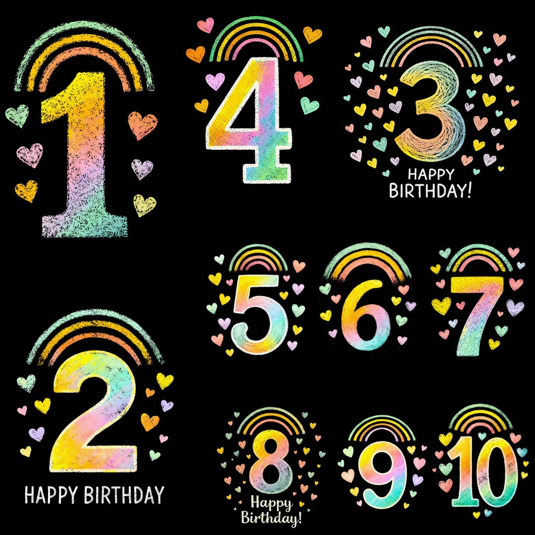 Chalkboard Rainbow Birthday Numbers 1 to 10 PNG, Boho Pastel Birthday ...