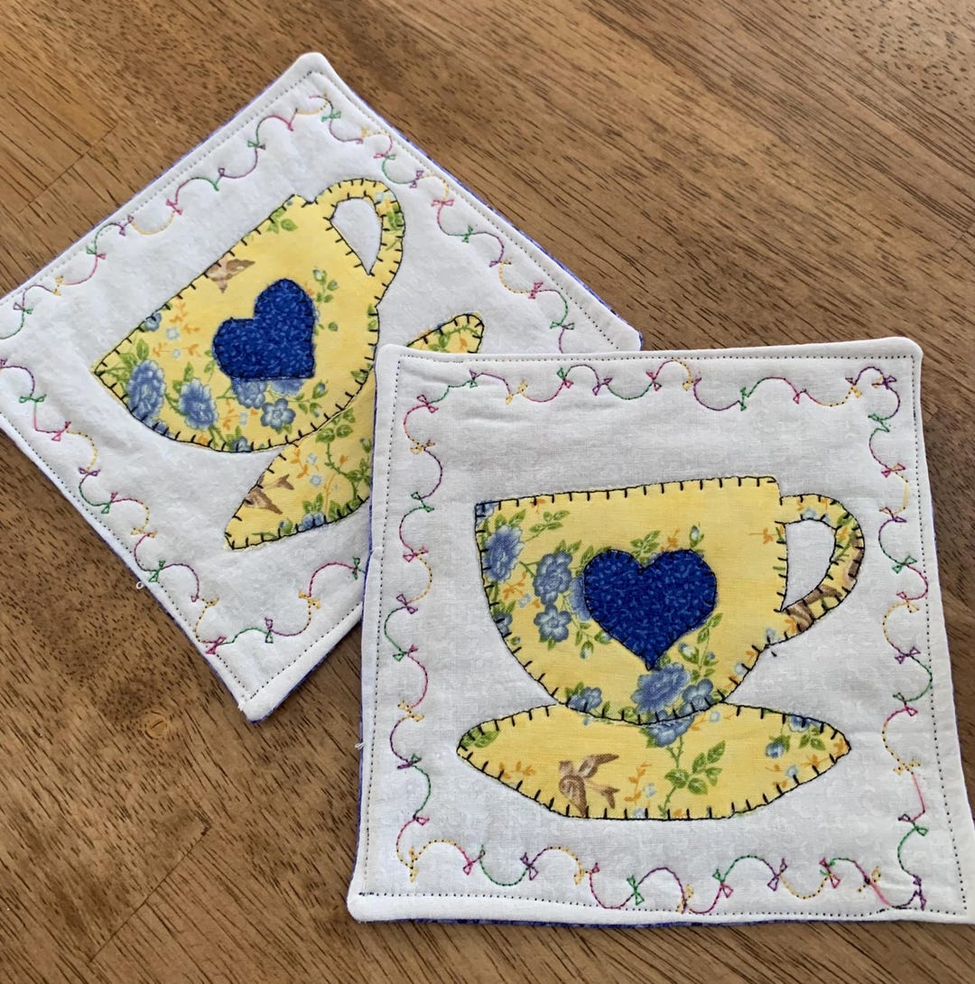 Quilted Appliqued Coffee Cup Mug Rug Set of 2 Pcs/ Valentines Day or ...