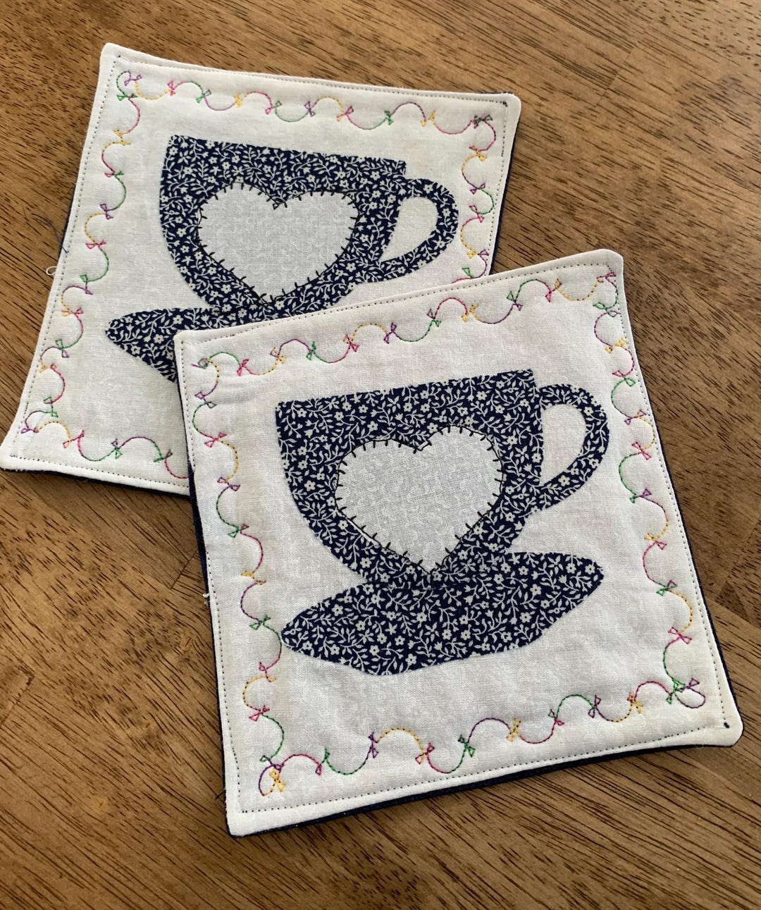Quilted Appliqued Coffee Cup Mug Rug Set of 2 Pcs/ Valentines Day or ...