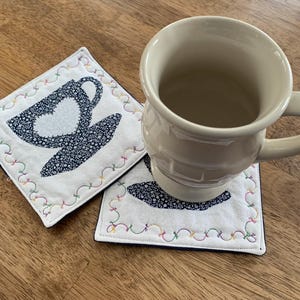 Quilted Appliqued Coffee Cup Mug Rug Set of 2 Pcs/ Valentines Day or ...