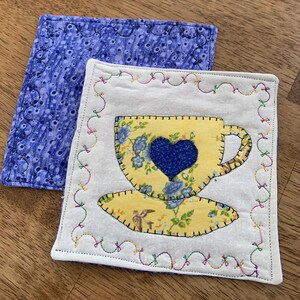 Quilted Appliqued Coffee Cup Mug Rug Set of 2 Pcs/ Valentines Day or ...