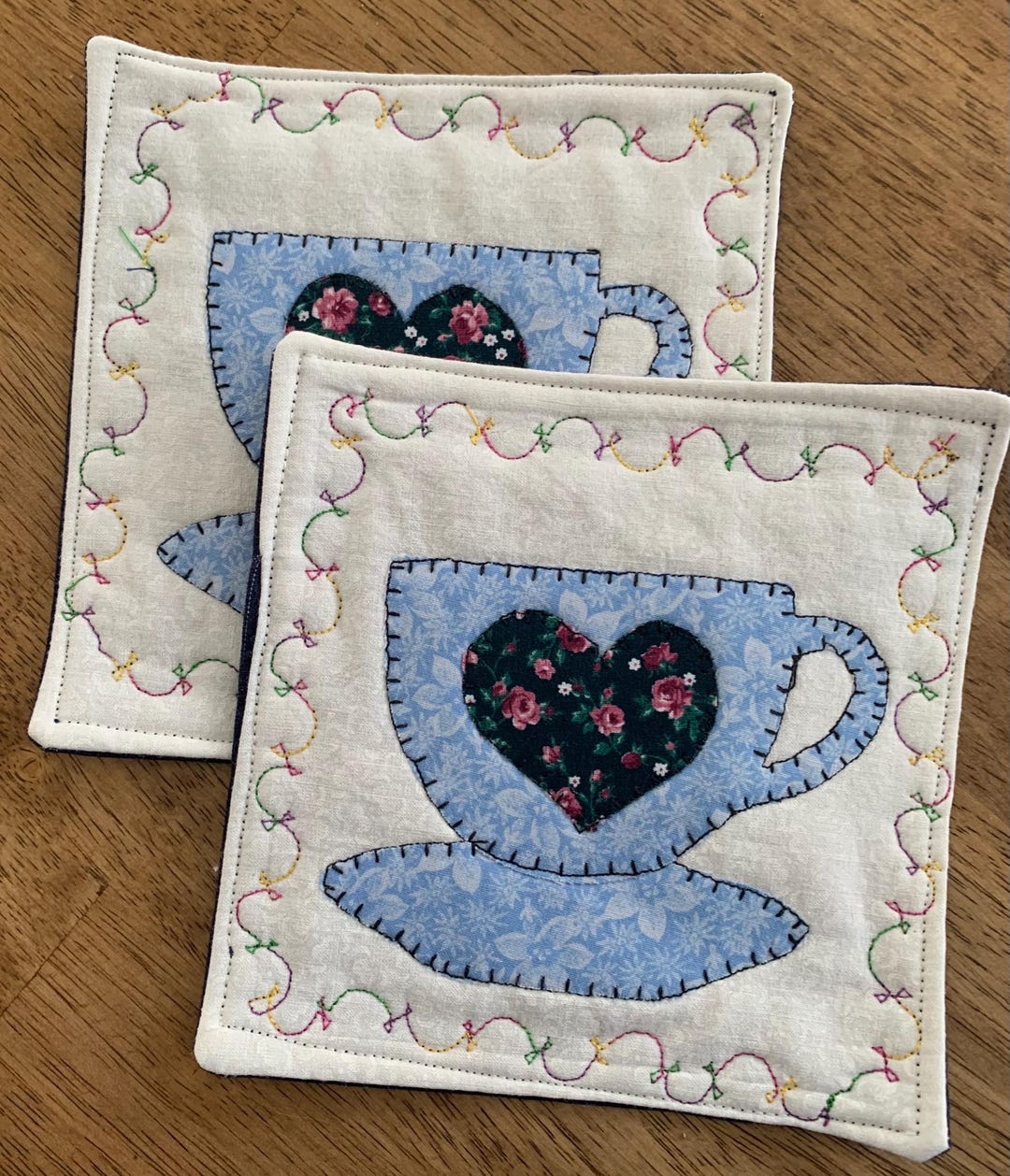 Quilted Appliqued Coffee Cup Mug Rug Set of 2 Pcs/ Valentines Day or ...