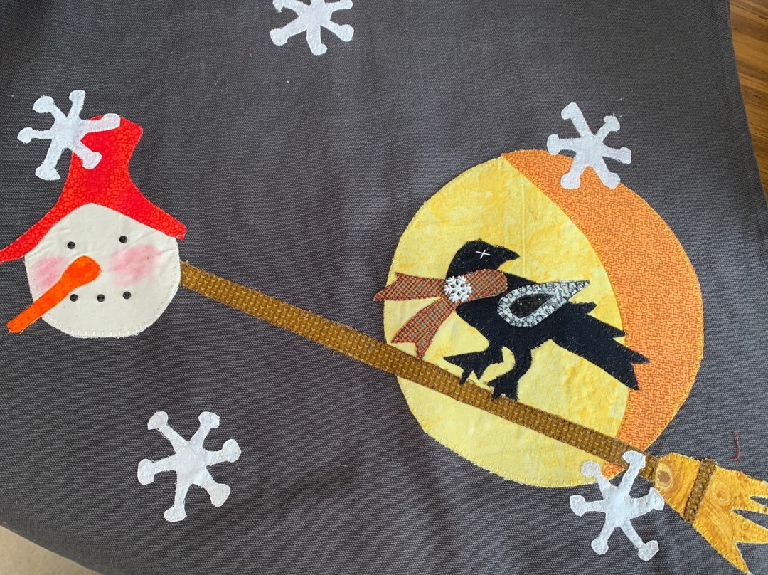 Appliquéd Pillow Cover: Primitive Snowman, Raven, Winter Scene - Etsy