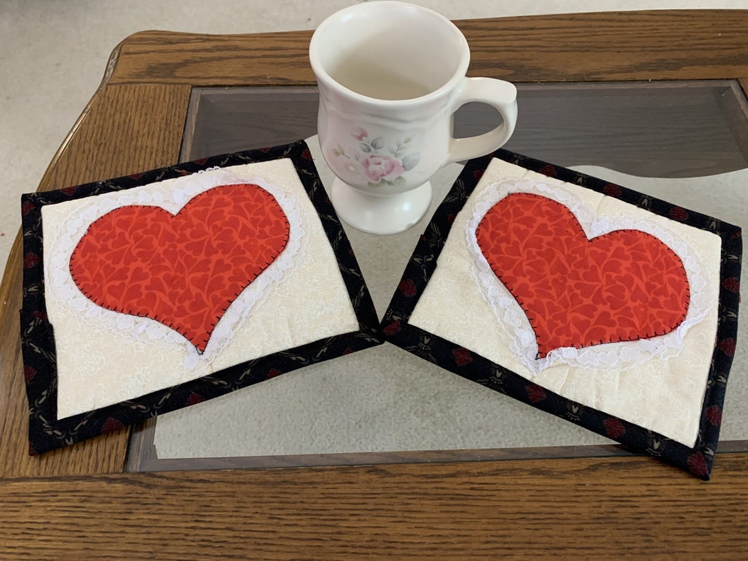 Valentine Heart Mug Rugs Quilted Appliqued Placemats Set of 2 - Etsy