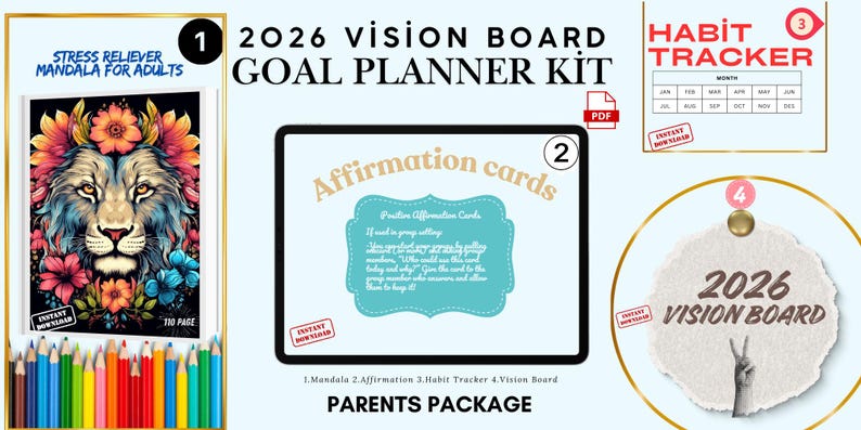 2026 Vision Board Planner Kit | Stress Relief Mandala Book, Affirmation ...