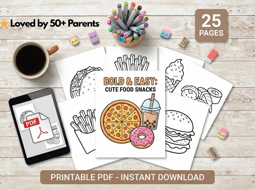 Food Coloring Book | Bold Lines, Kawaii Snacks (PDF Download A4/letter ...