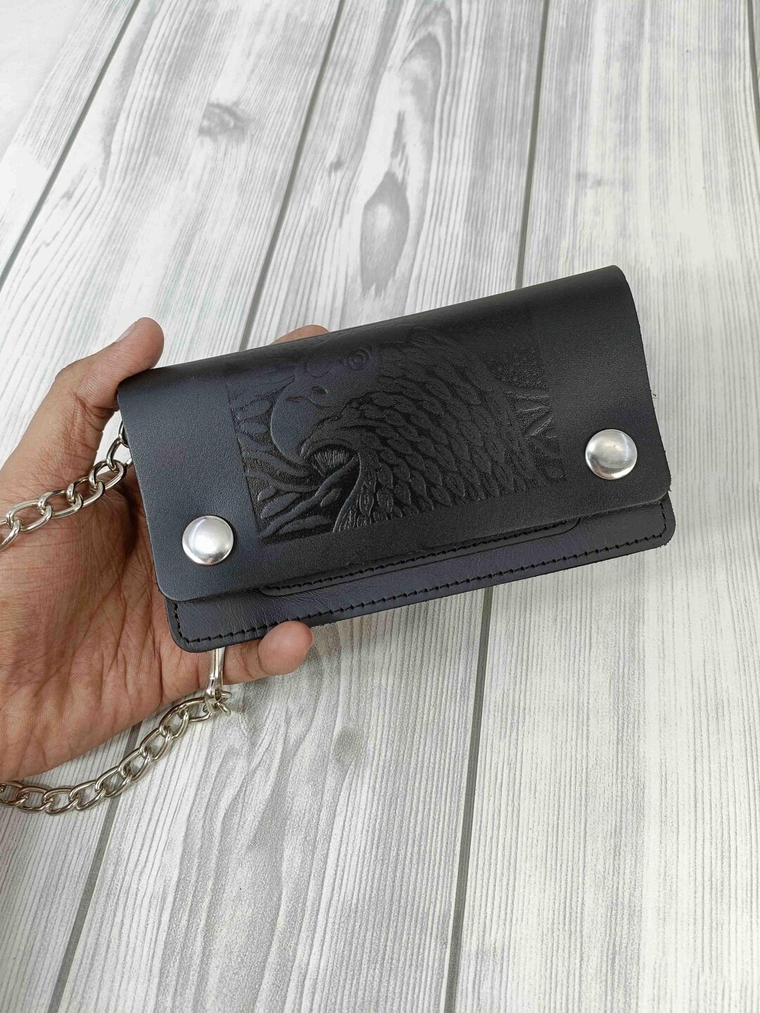 Handmade Black Leather Biker Wallet With Stainless Steel Chain - Etsy
