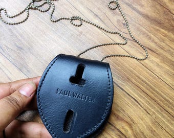 Saddle Brown Full Grain Leather Neck Chain Police Badge and ID Holder ...