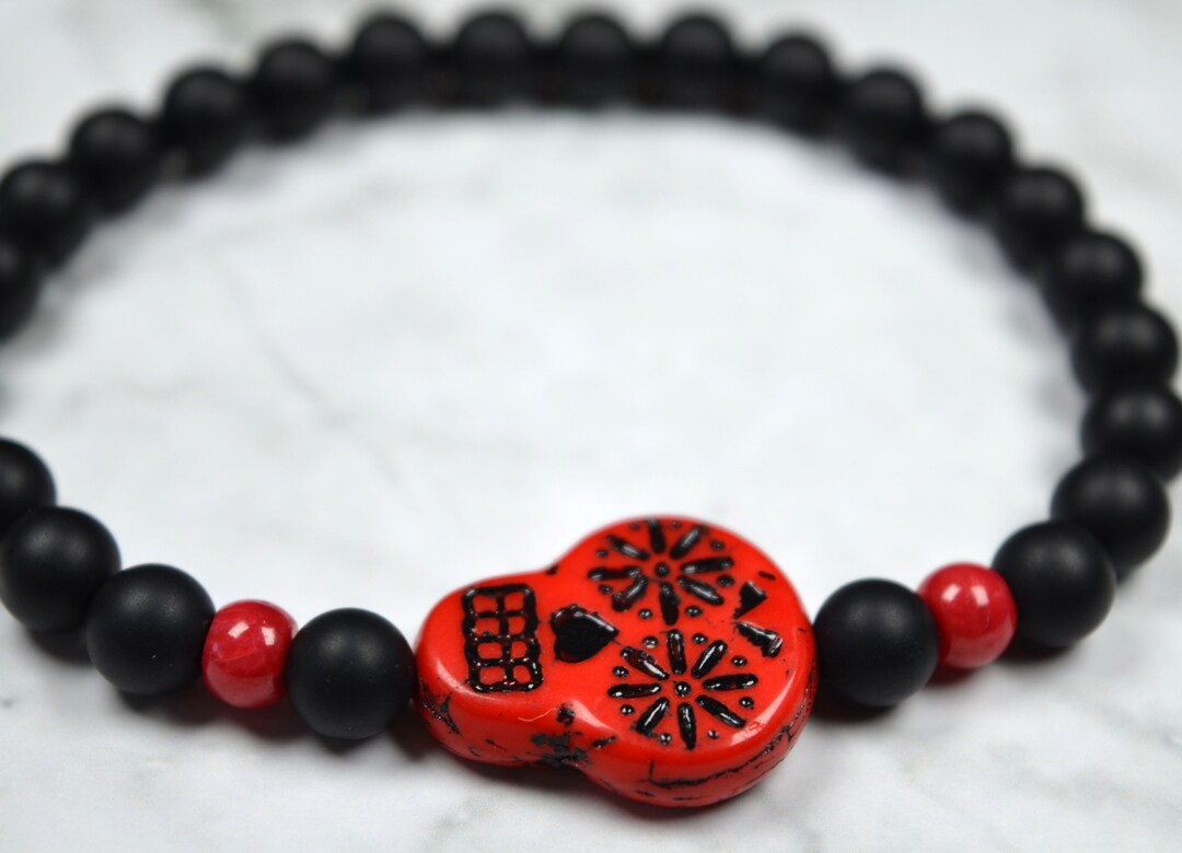 Red Sugar Skull Bracelet Halloween Day of the Dead Stretch Bracelet ...