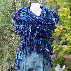 Blue Hand Knitted Triangle Shawl, Plus Size Romantic Hippie Warm Winter ...