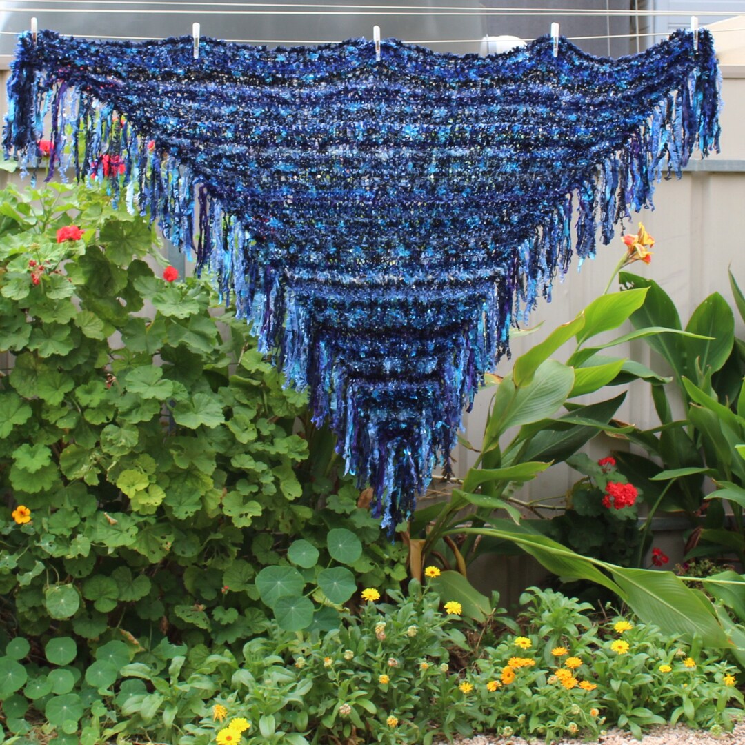 Blue Hand Knitted Triangle Shawl, Plus Size Romantic Hippie Warm Winter ...