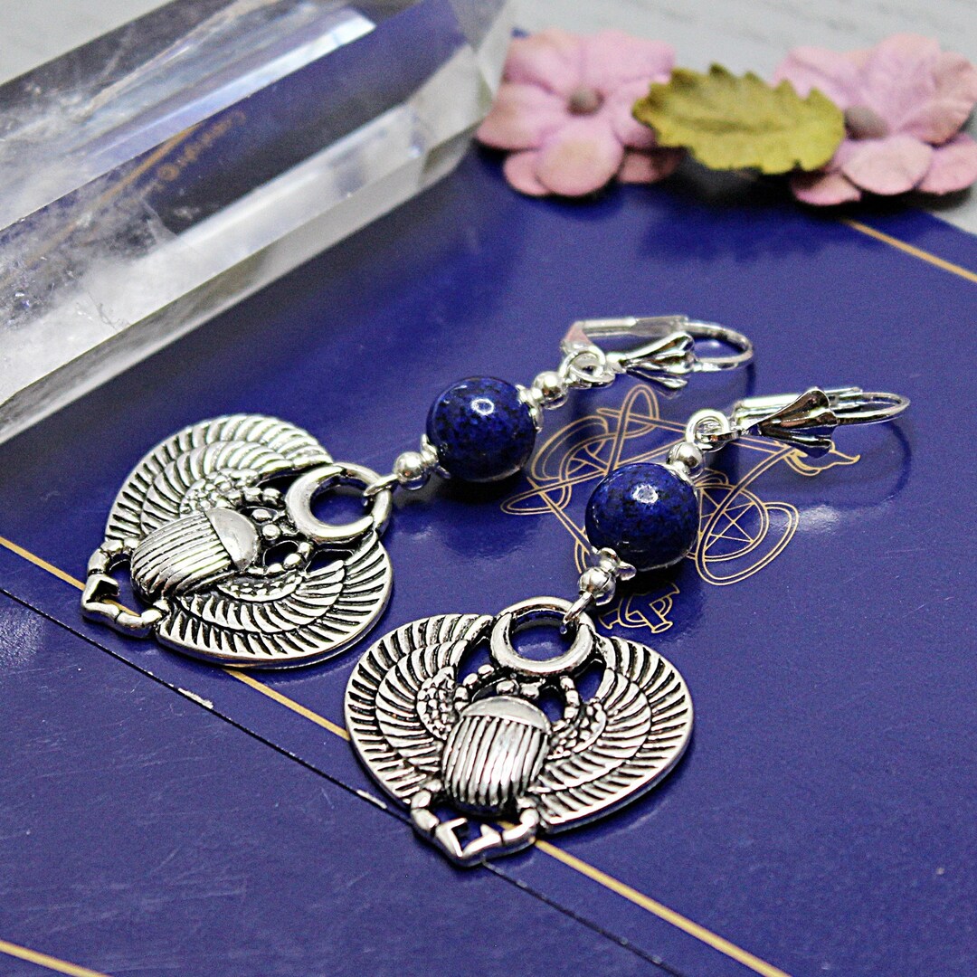 Egyptian Scarab Earrings, Lapis Lazuli Mystical Jewelry, Scarab Beetle ...