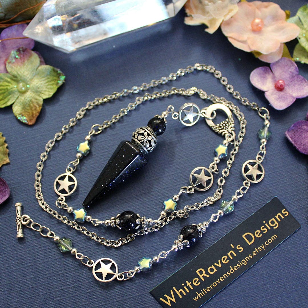 Pendulum Necklace, NYX Goddess Blue Goldstone Wiccan Divination Tool ...