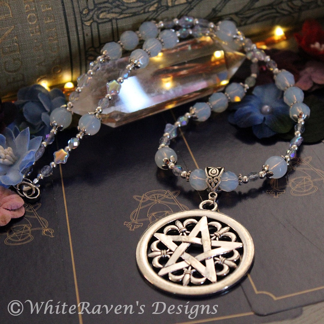 White Witch Pentacle Pendant Witchy Bead Necklace, New Age Hippy Style ...