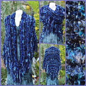 Blue Hand Knitted Triangle Shawl, Plus Size Romantic Hippie Warm Winter ...