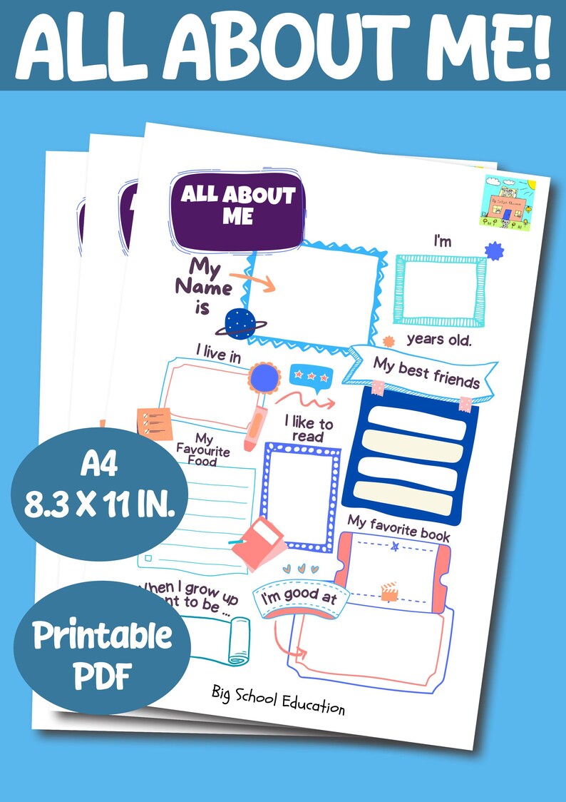 All About Me, Printable Activity Poster Blue Theme, Back to School and ...
