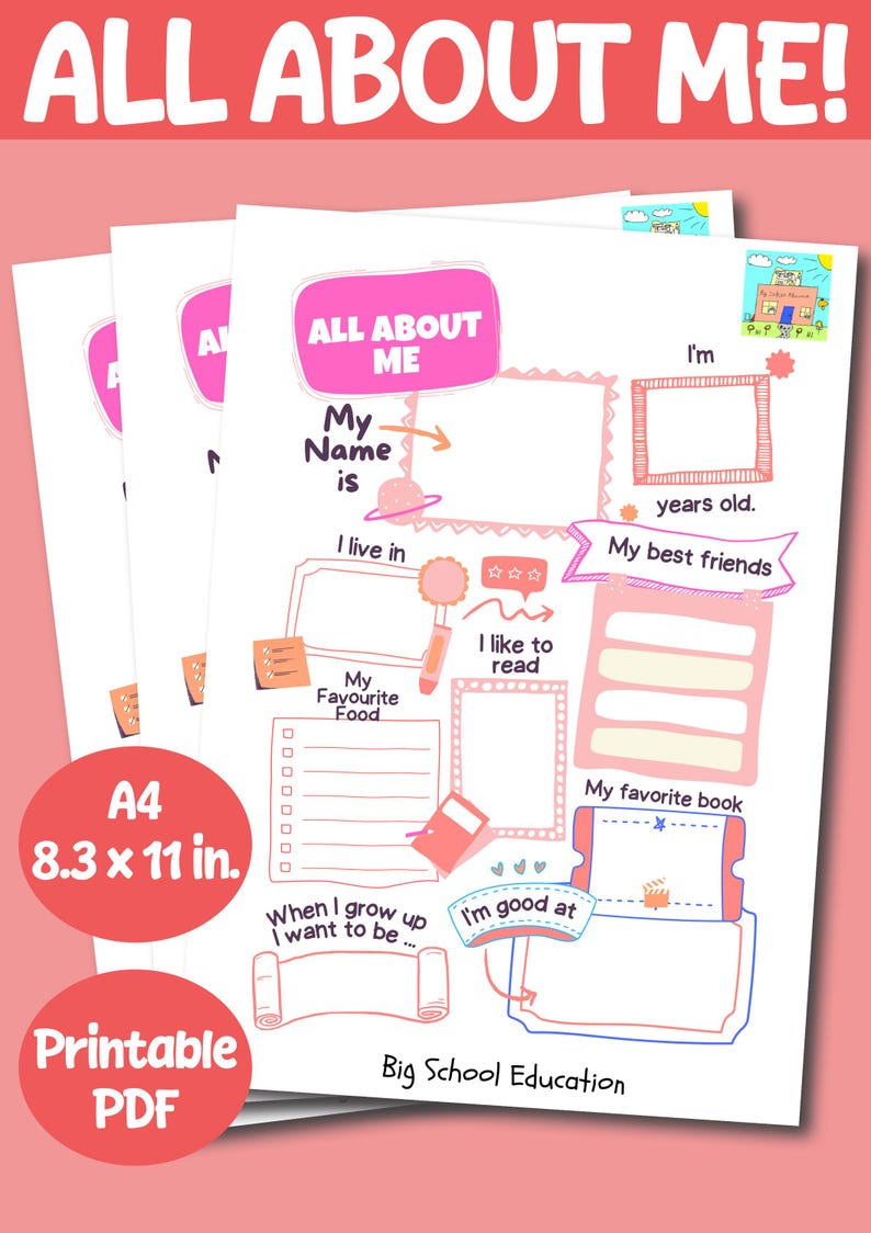 All About Me, Printable Activity Poster Pink Theme, Back to School and ...