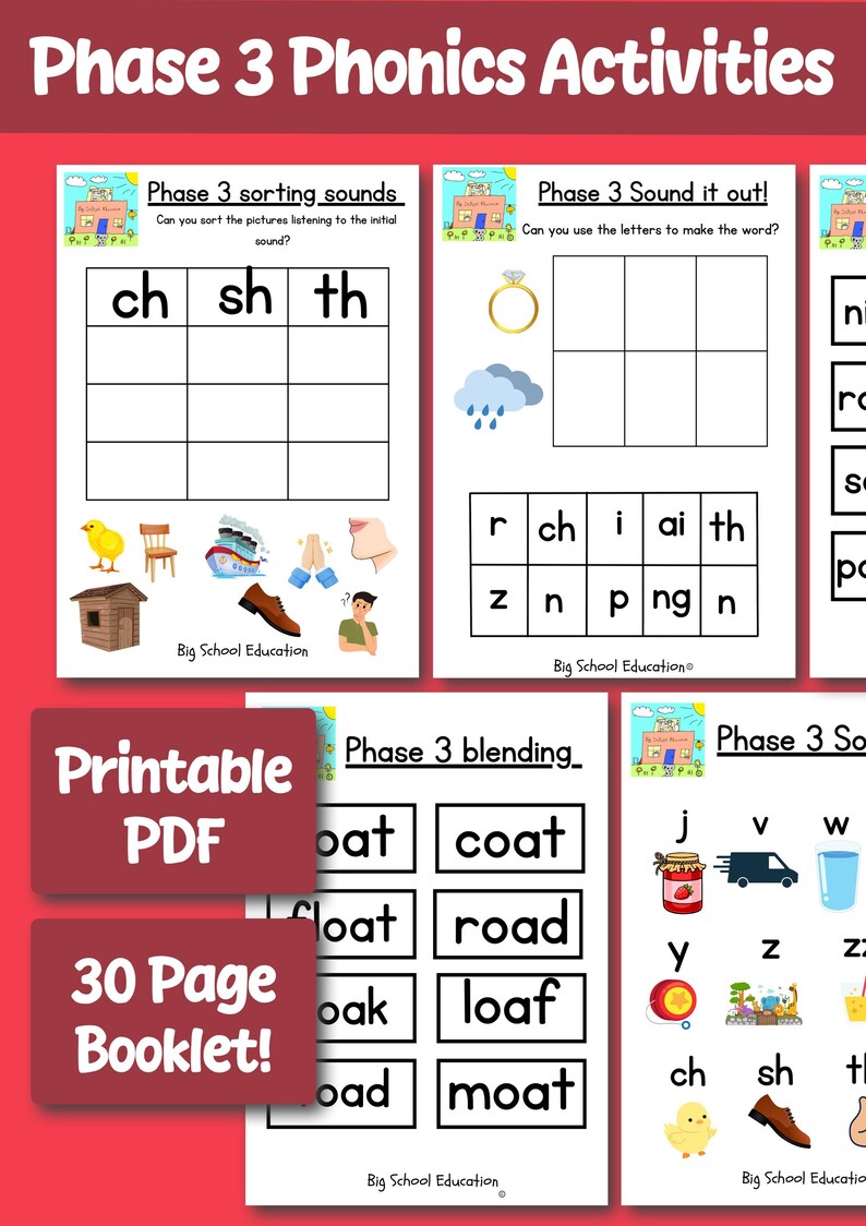 Phonics Phase 3 Activity Book, Printable 30 Page EYFS Activities ...