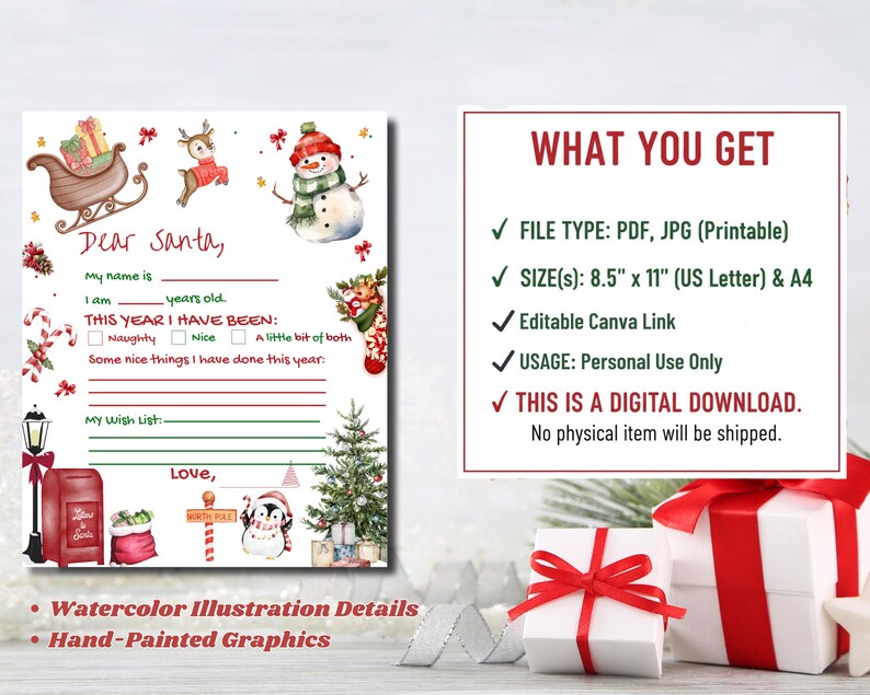 Watercolor Letter to Santa Template, Christmas Wish List (digital ...