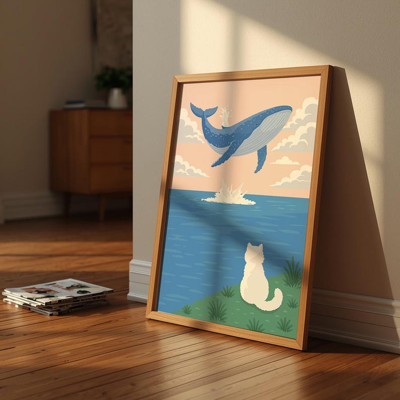 Japandi Whale Cat Wall Art | Minimal Nature Illustration | Calm Ocean ...