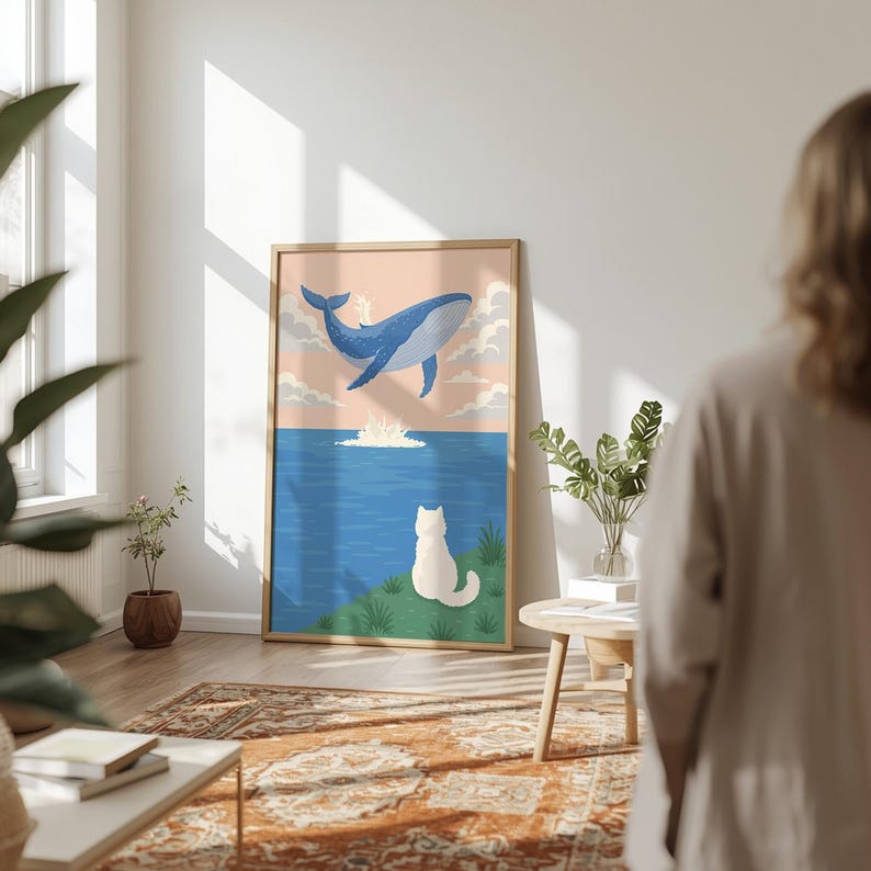 Japandi Whale Cat Wall Art | Minimal Nature Illustration | Calm Ocean ...