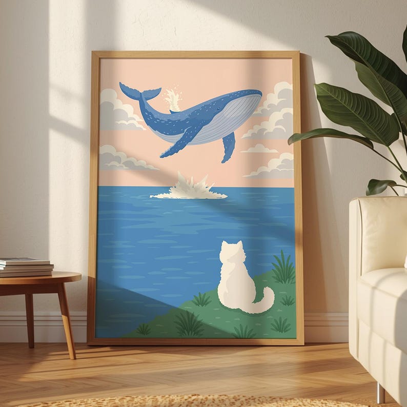 Japandi Whale Cat Wall Art | Minimal Nature Illustration | Calm Ocean ...