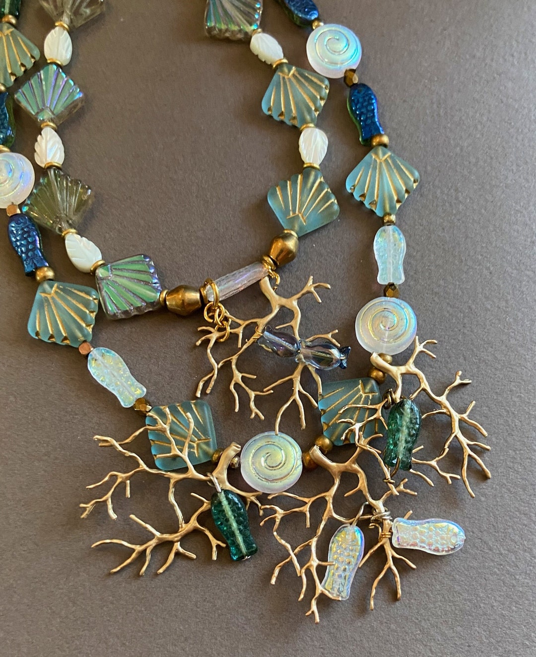 Swimming With the Fishes Necklace Blue Aqua and White Czech Glass Fish ...