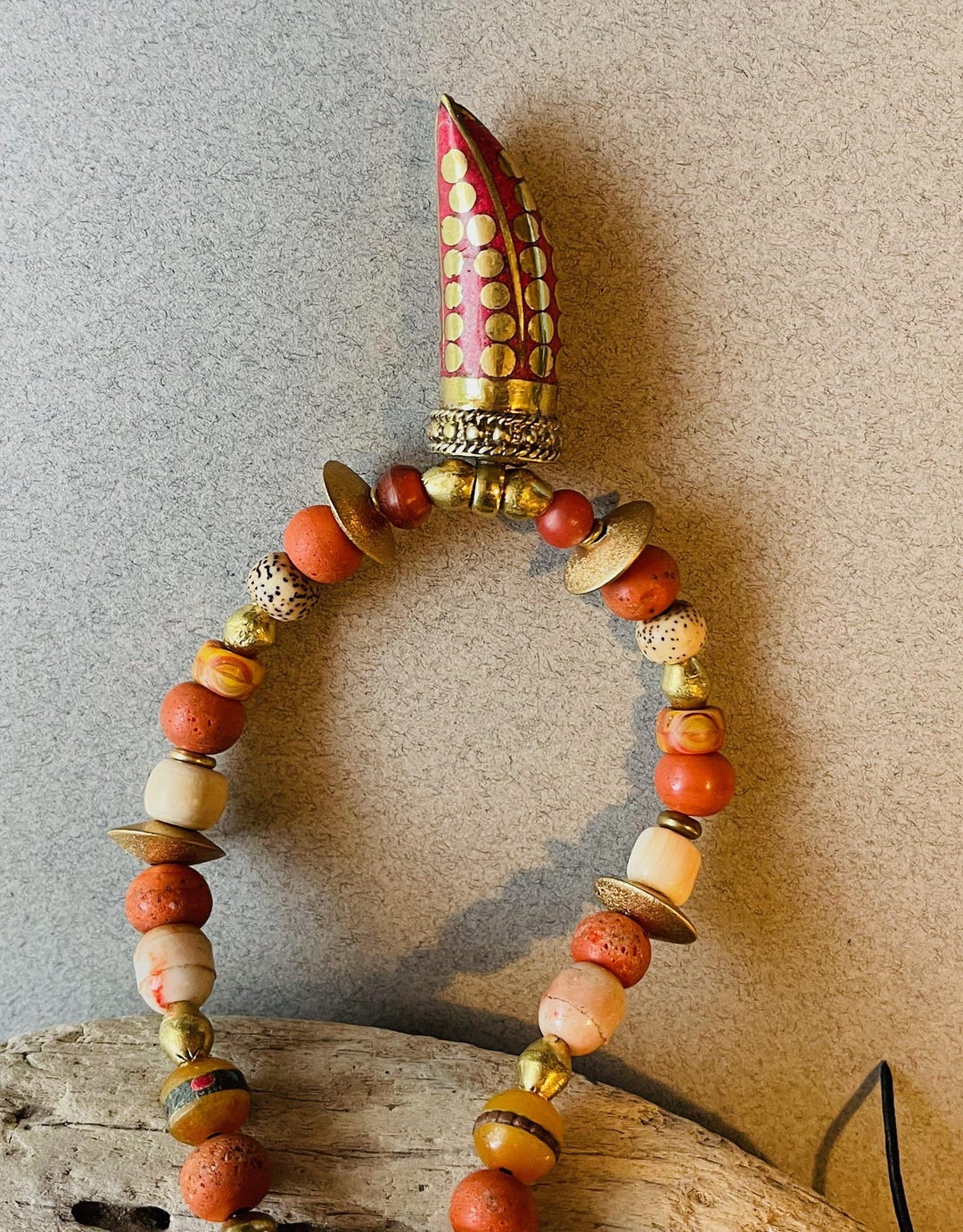 Rust Orange and Gold Necklace Ancient Style Java Glass W Tibetan Brass ...