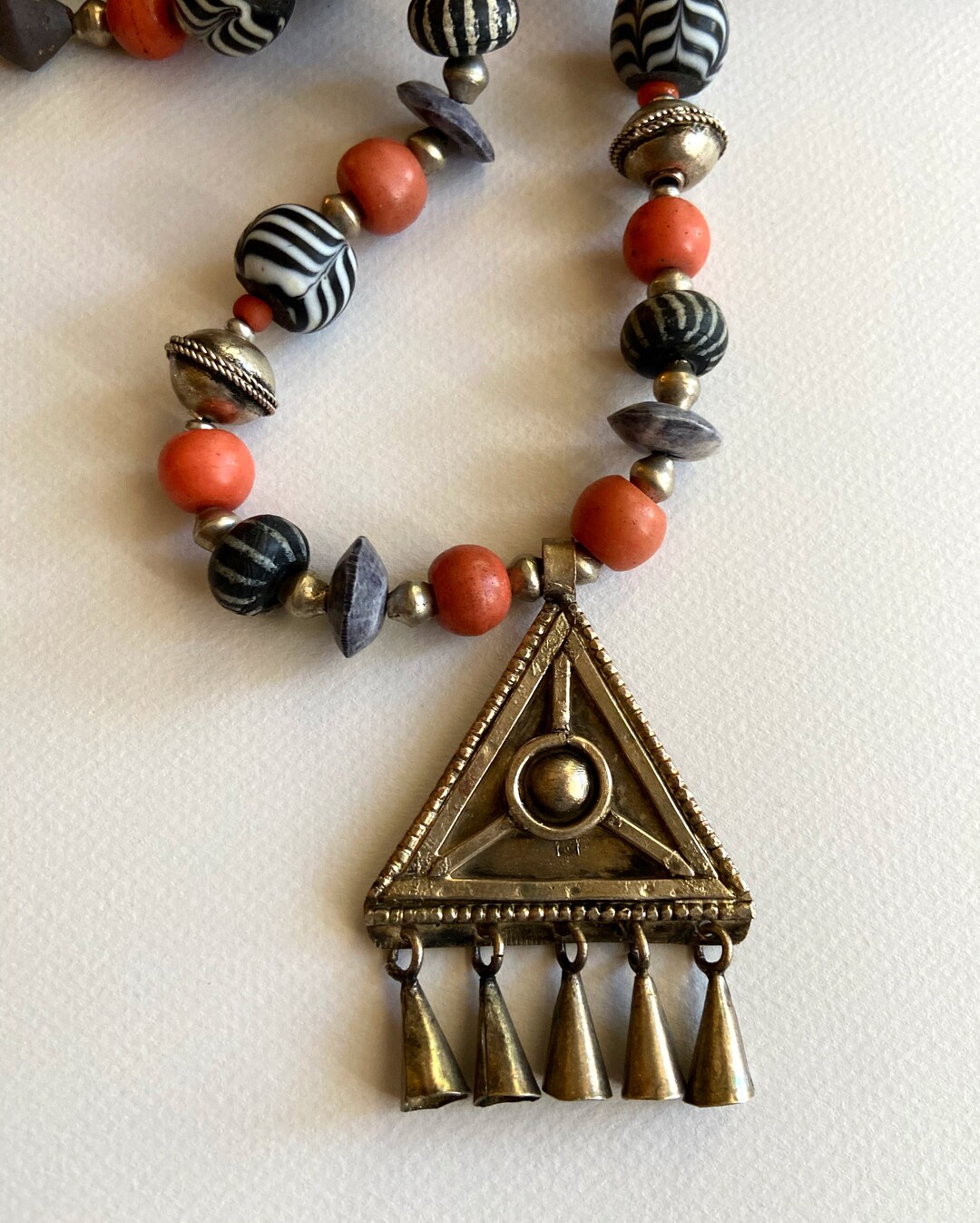 Ethiopian Amulet Necklace W Vintage Olumbo Beads African Grey Bone and ...
